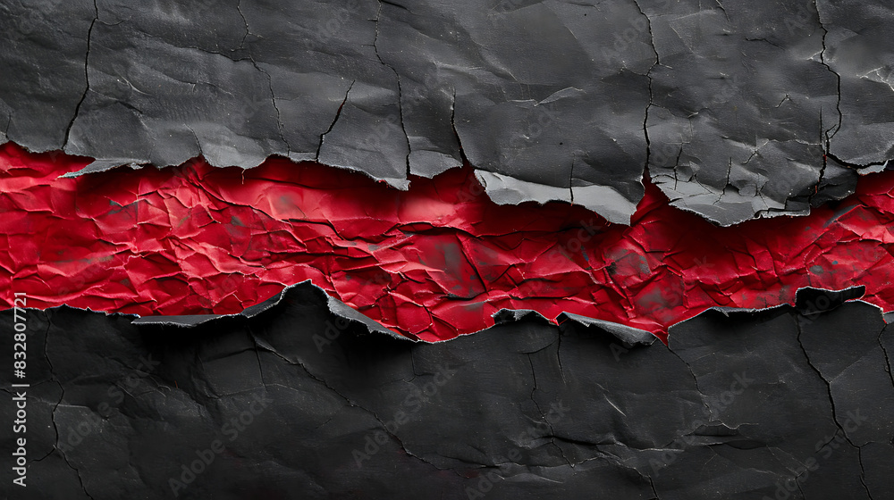 a strip of red color revealed beneath a torn layer of black paper. The ...