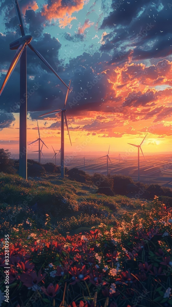 A futuristic wind farm with towering turbines set against a vibrant ...