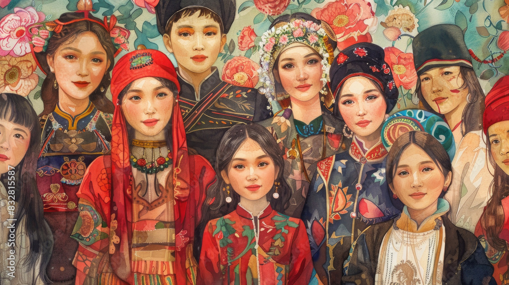 A detailed painting depicting a diverse group of individuals dressed in ...