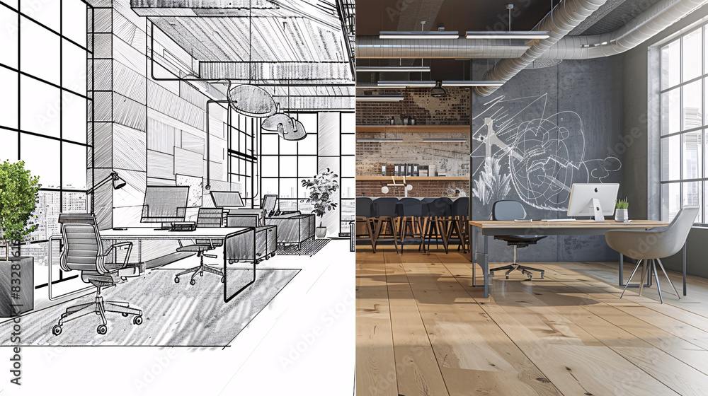 Split View of Office: From Technical Drawing to Completed Space ...
