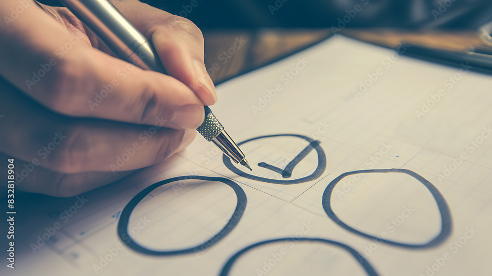 a hand holding a pen and checking off two items on a checklist. The ...