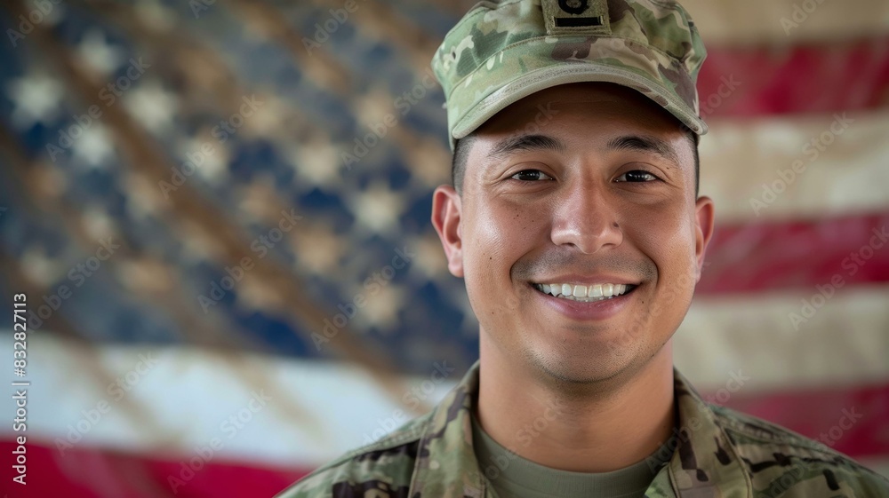 Smiling military soldier in front of American flag background ...