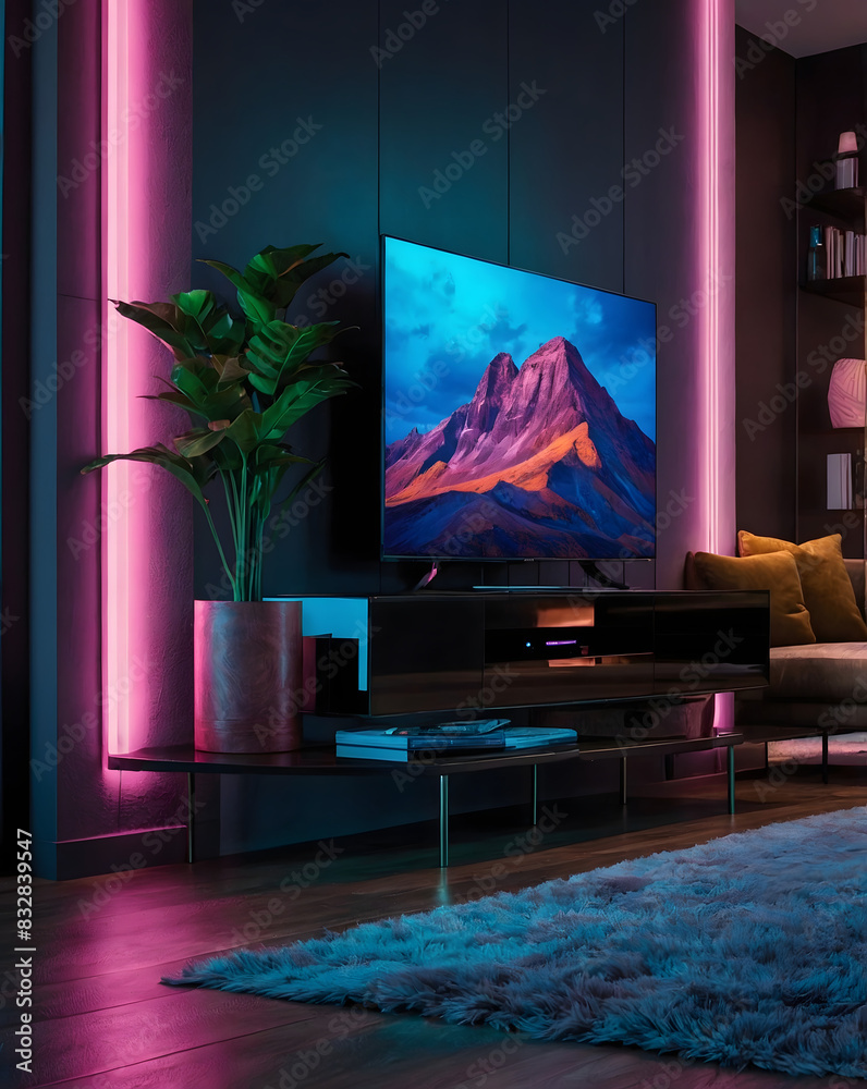 Smart tv in modern living room interior design with connected neon ...