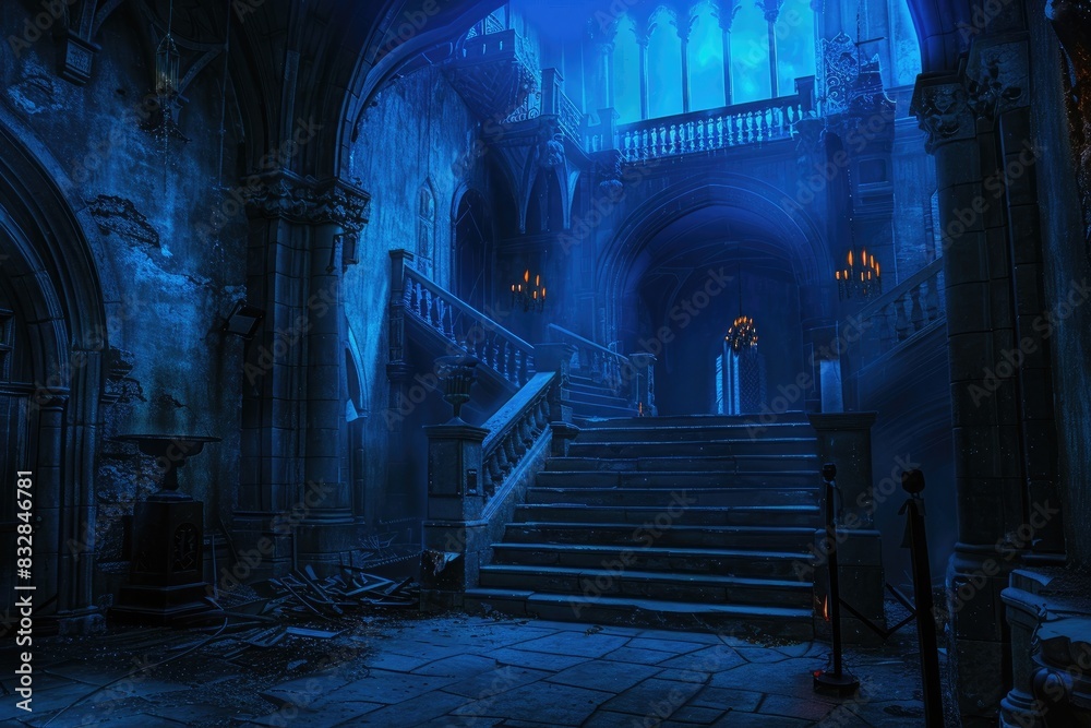 Foto de Dark fantasy castle interior with candlelight on the staircase ...