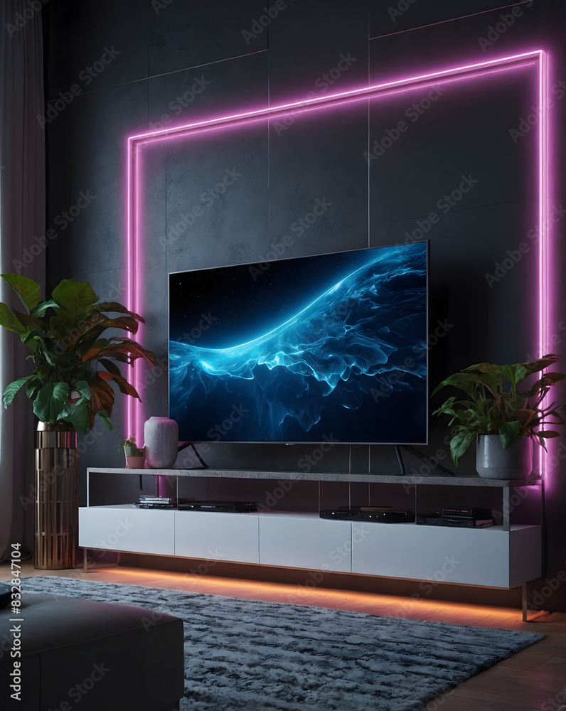 Smart tv in modern living room interior design with connected neon ...
