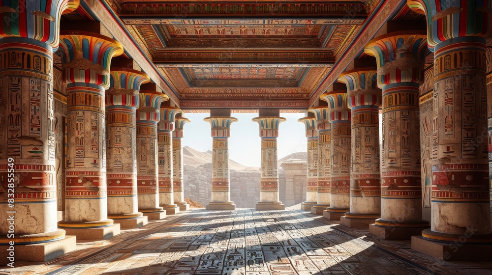 Ancient Egyptian temple entrance, luxury columns of old stone building ...
