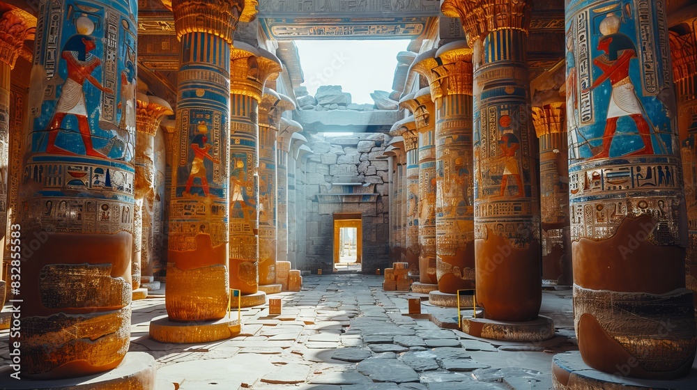 This is an ancient Egyptian temple interior with luxury columns inside ...