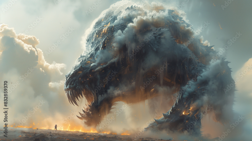 colossal demon towering over a desolate landscape, surrounded by smoke ...