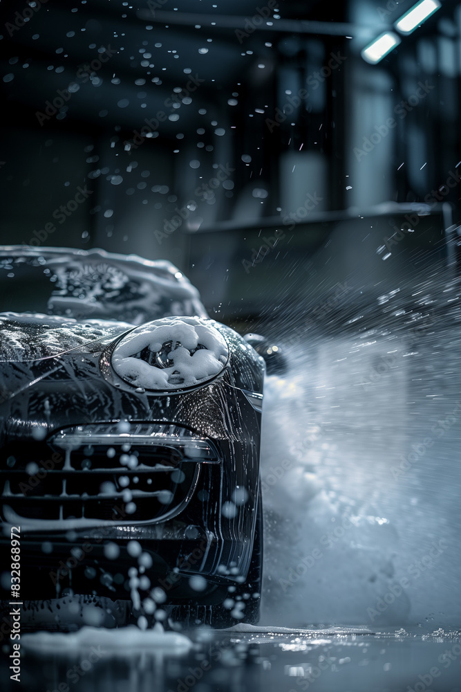 Luxury Car Close-Up with Soap Suds and Water Splash at Car Wash, Dark ...