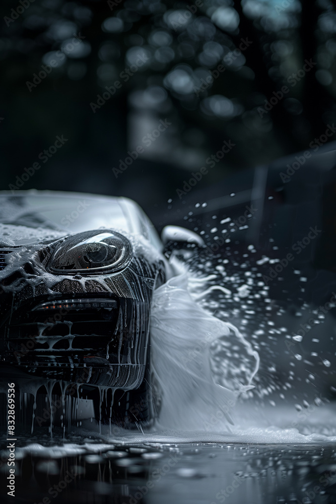 Luxury Car Close-Up with Soap Suds and Water Splash at Car Wash, Dark ...
