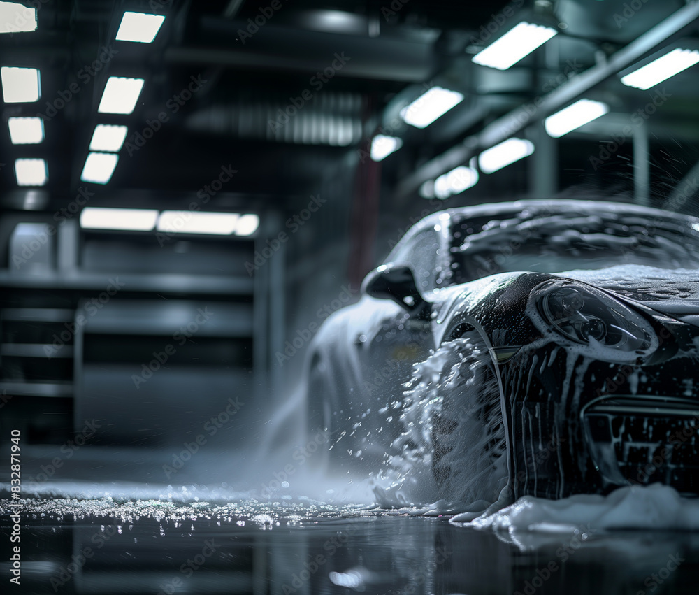 Luxury Car Close-Up with Soap Suds and Water Splash at Car Wash, Dark ...
