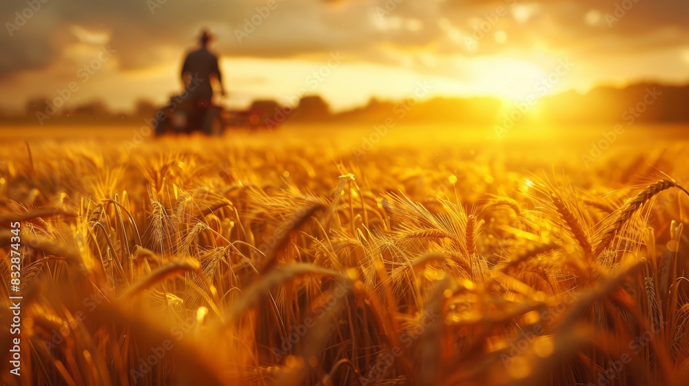 A photorealistic tableau depicts a timeless scene. A farmer, clad in ...
