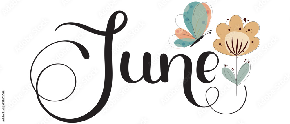 Hello June. JUNE month vector with flowers, butterfly and leaves ...