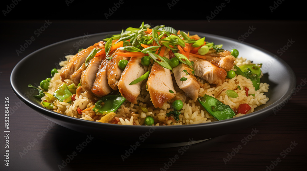 horizontal side profile shot, front side shot of a dish of chinese rice ...