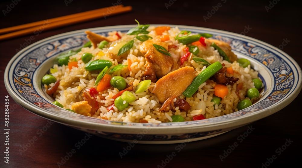 horizontal side profile shot, front side shot of a dish of chinese rice ...