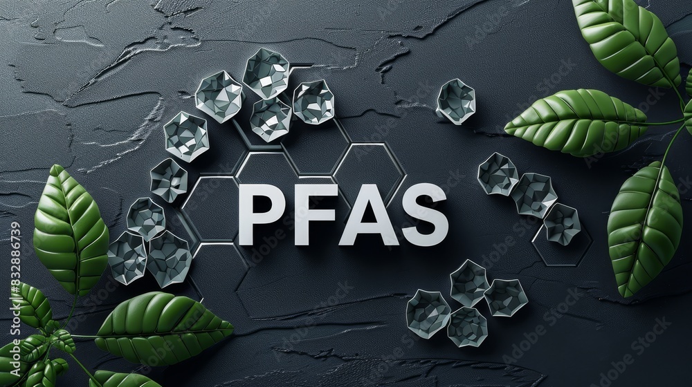 Sign PFAS on dark chemical molecules background, concept of pollution ...