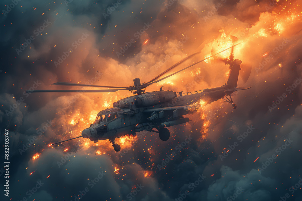 Close air support gunship circling above the battlefield, raining down ...