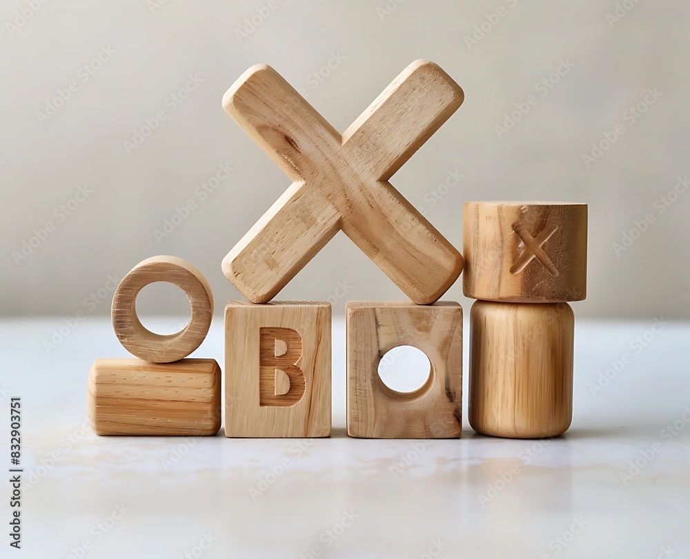 Wooden blocks of different shapes, stacked in the shape of X and O ...