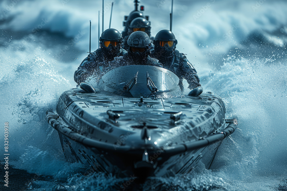Tactical assault boat speeding across choppy waters, carrying elite ...