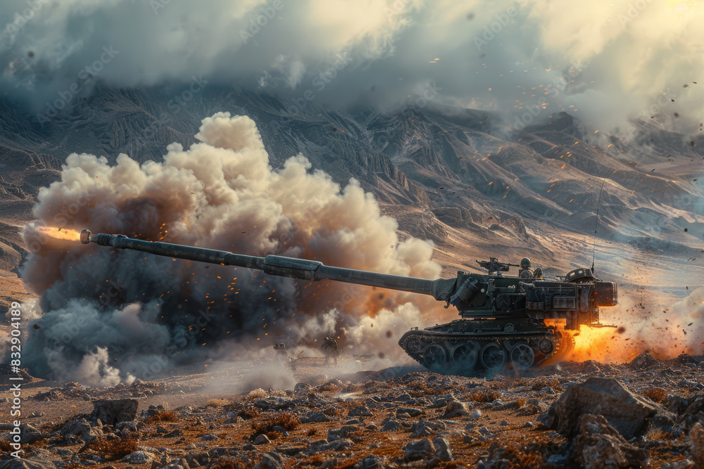 Field artillery howitzer firing high-explosive shells at distant ...