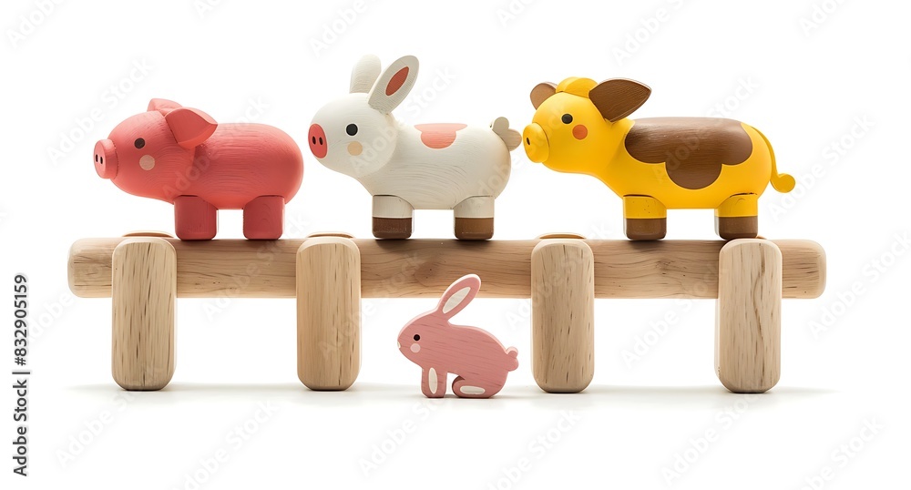 Wooden farm animals on a fence with a pig, cow and rabbit isolated on a ...