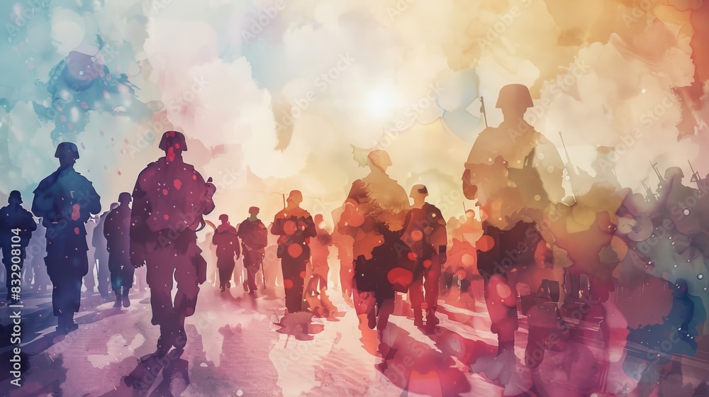 Abstract watercolor painting of soldiers marching. Depicts unity ...