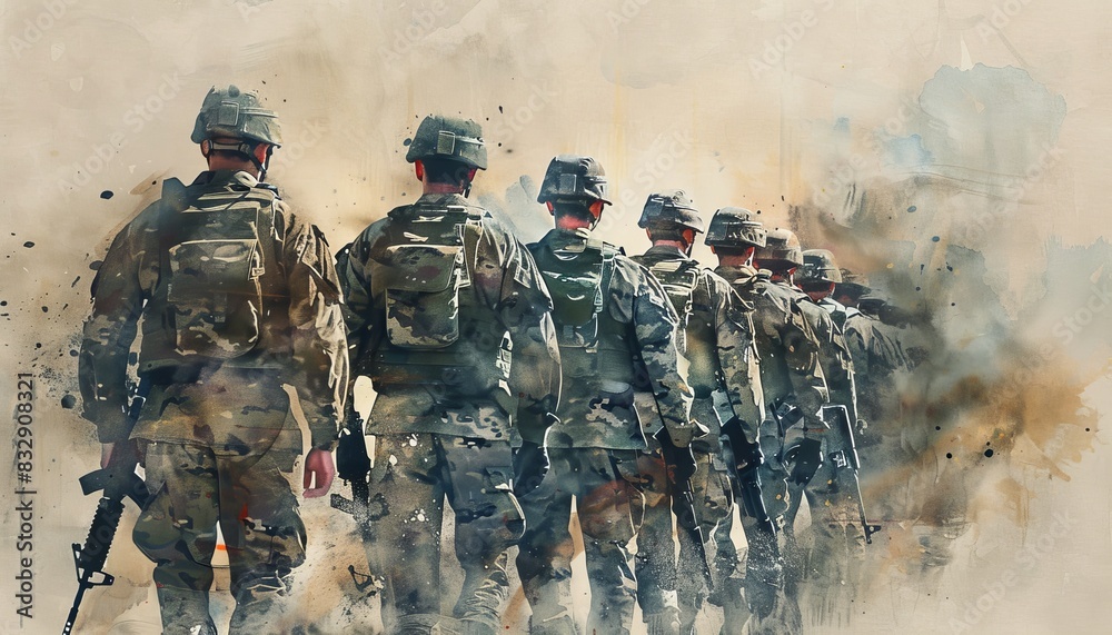 Artistic depiction of soldiers marching in uniform, showcasing military ...