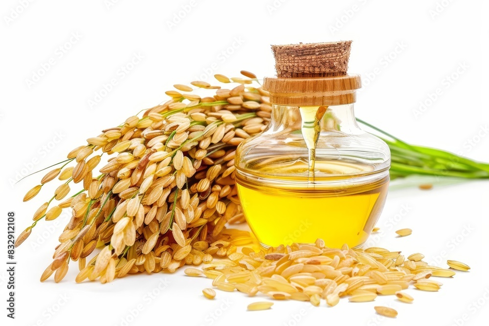 pure rice bran oil dripping from rice grains natural healthy ingredient ...