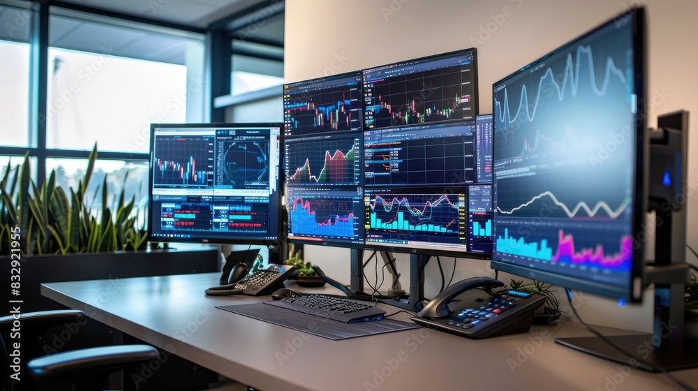 Office space with multiple monitors showing live trading graphs and ...