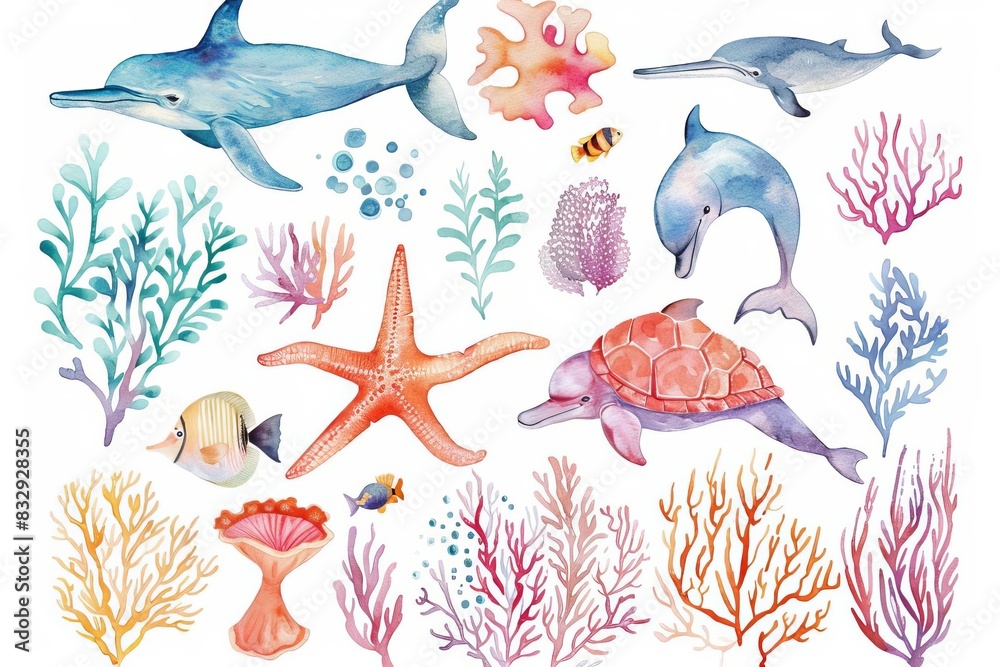 underwater world clipart with colorful sea animals coral reefs and ...