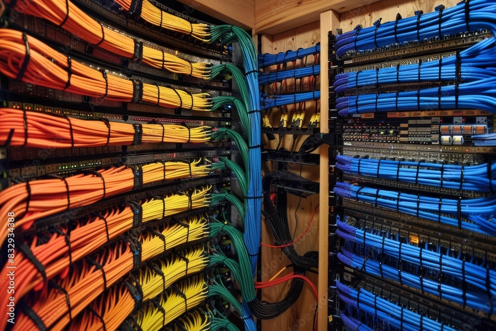 Network rack wiring diagram in blueprint style, color-coded cables ...
