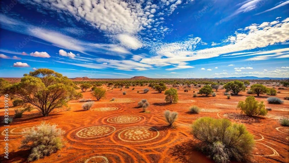 Vast plains of the Australian outback under a blue sky with ancient ...