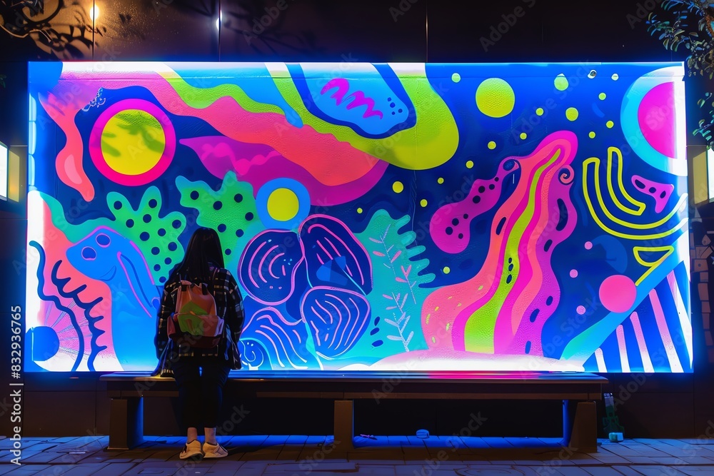 glow in the dark mural flat design side view street art theme cartoon ...