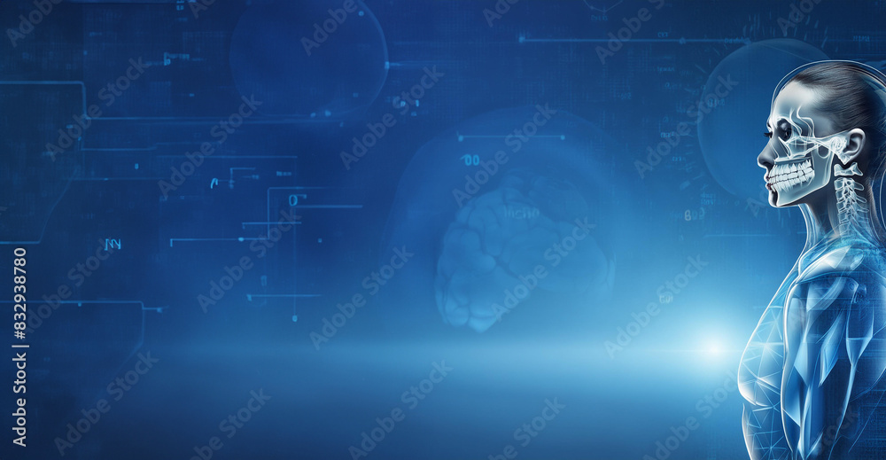 Human anatomy, futuristic human skeleton in holographic blue x-ray ...