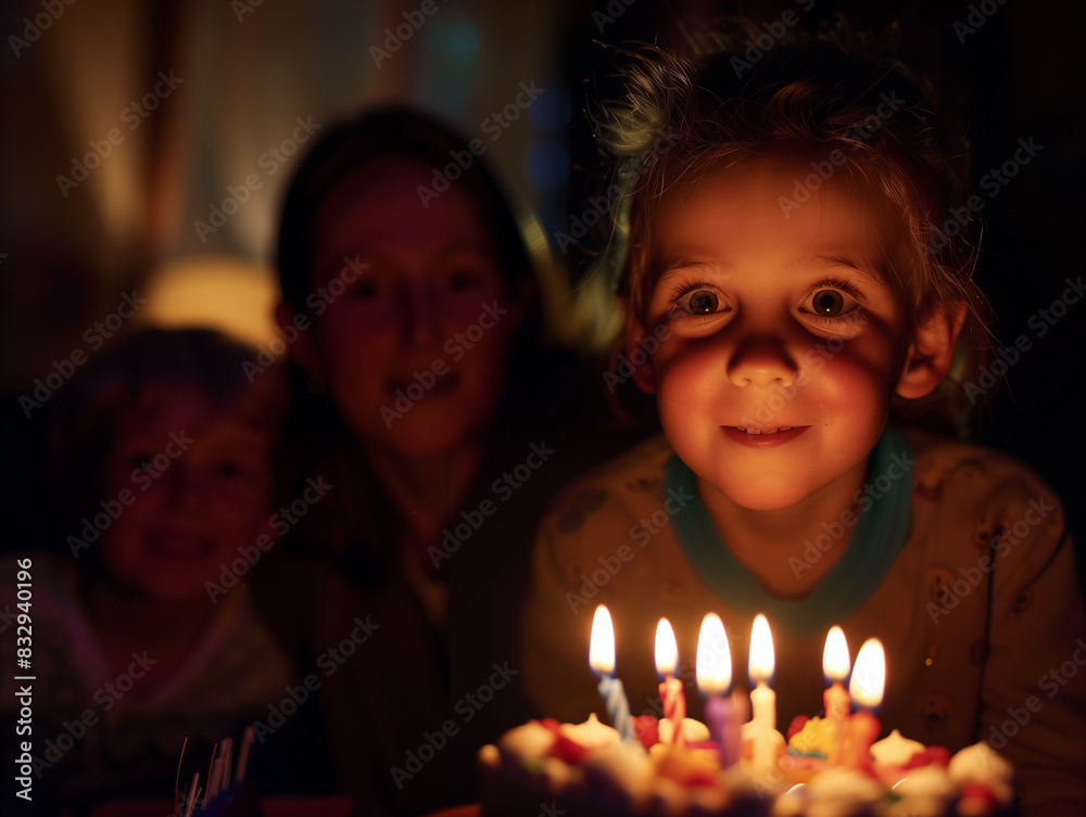 가족 친구들과 함께하는 깜짝 생일 파티 어두운 방에서 밝게 빛나는 생일 케이크와 기대가득한 얼굴로 케이크를 바라보는 어린이
