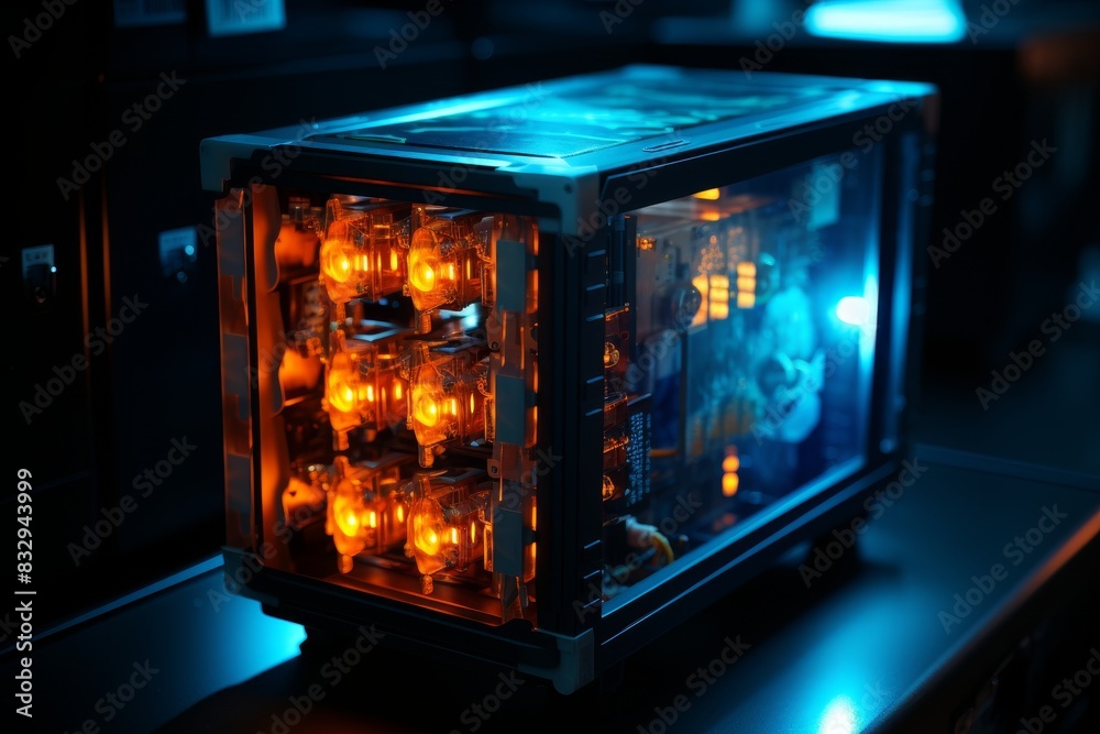 A modern server rack in a data center with glowing orange lights. Black ...