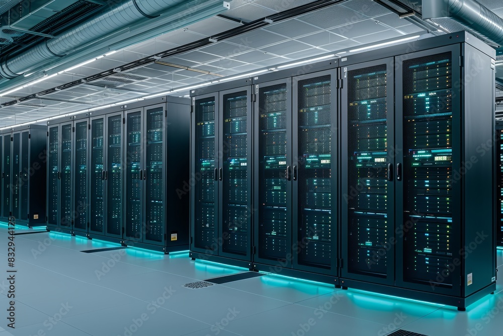 A modern server room with neatly organized black server racks, blinking ...