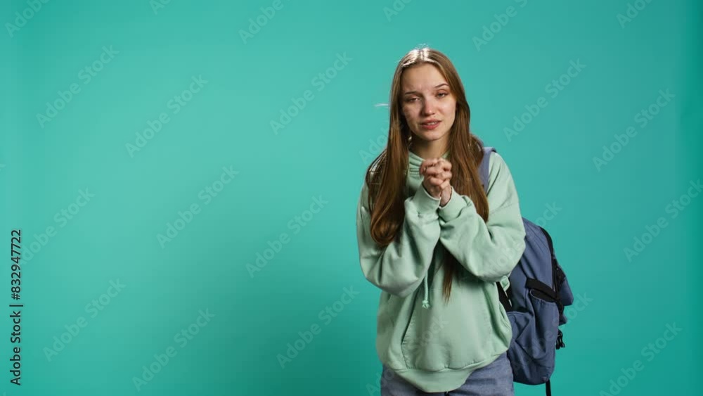 Woman doing begging hand gesture, in ardent need of favor from friend ...