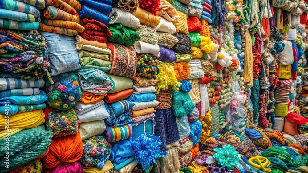 Artistic arrangement of repurposed textiles and plastics in a visually ...