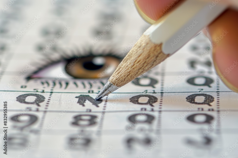 A close-up photo featuring a standardized test answer sheet being ...
