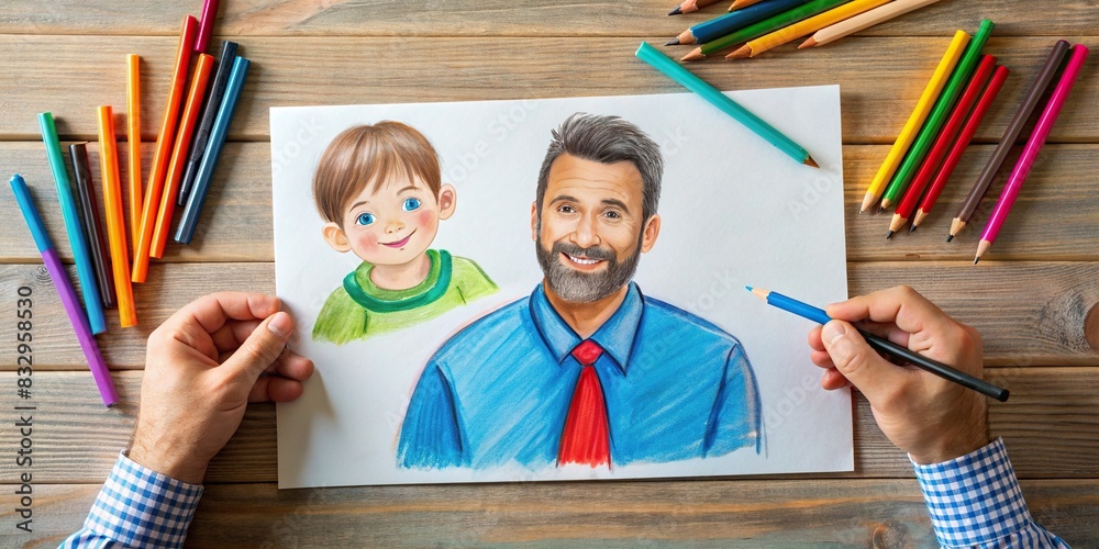 Colorful drawing of a child's portrait of his hero father on a blank ...