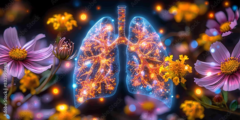 Glowing lungs surrounded by vibrant flowers and sparkling lights ...