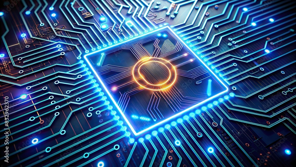 ภาพประกอบสต็อก Futuristic electronic concept of circuit symbol on PCB ...