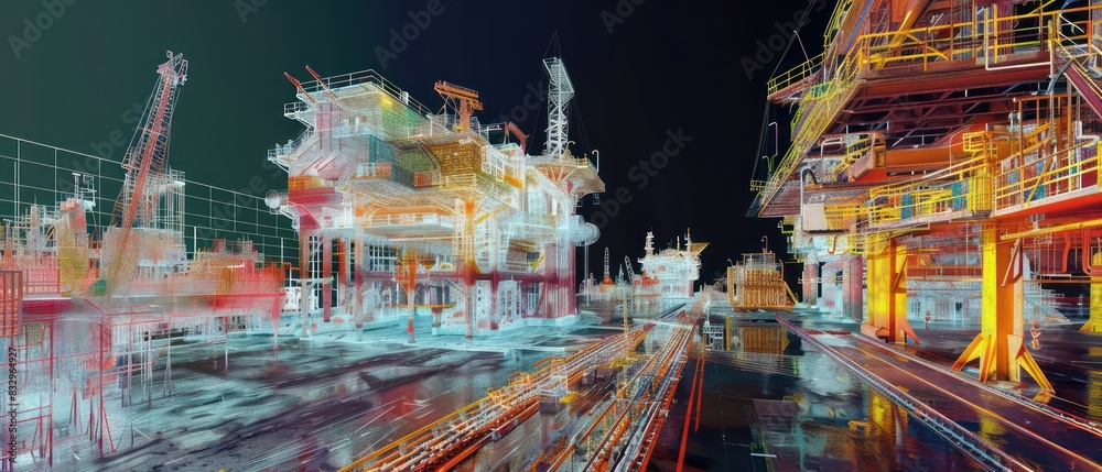 collage wallpaper of lidar point clouds of big industrial facilities on ...