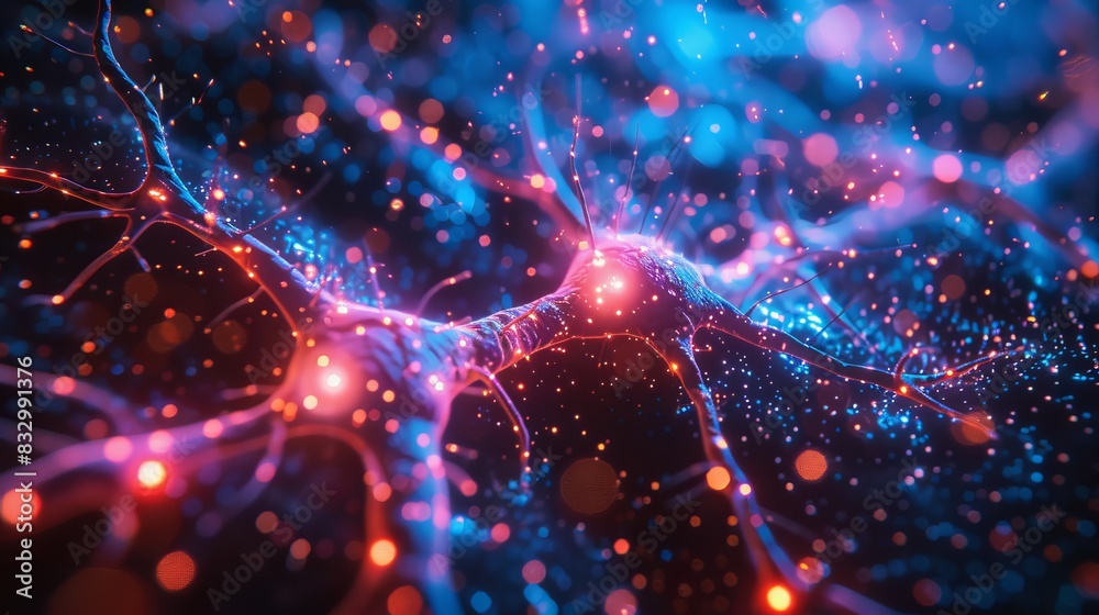 Intricate network of brain neurons with glowing synapses, illustrating ...