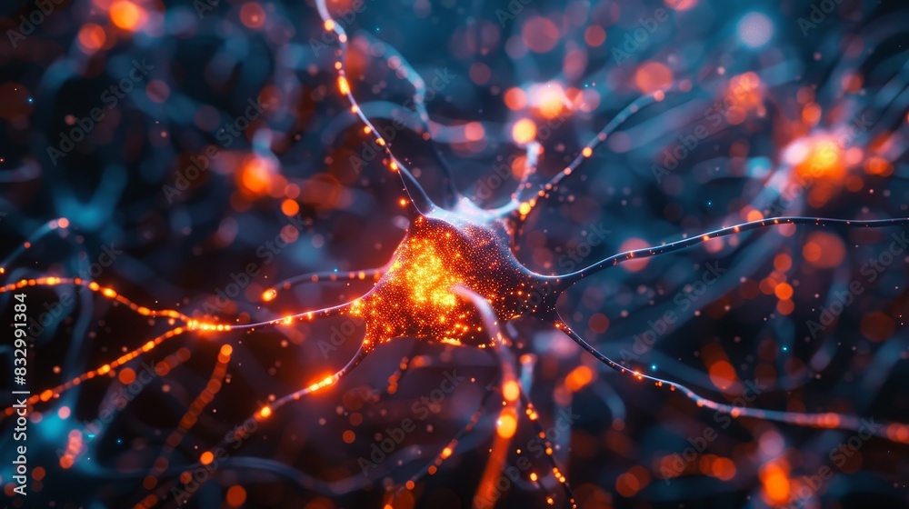 Intricate network of brain neurons with glowing synapses, illustrating ...