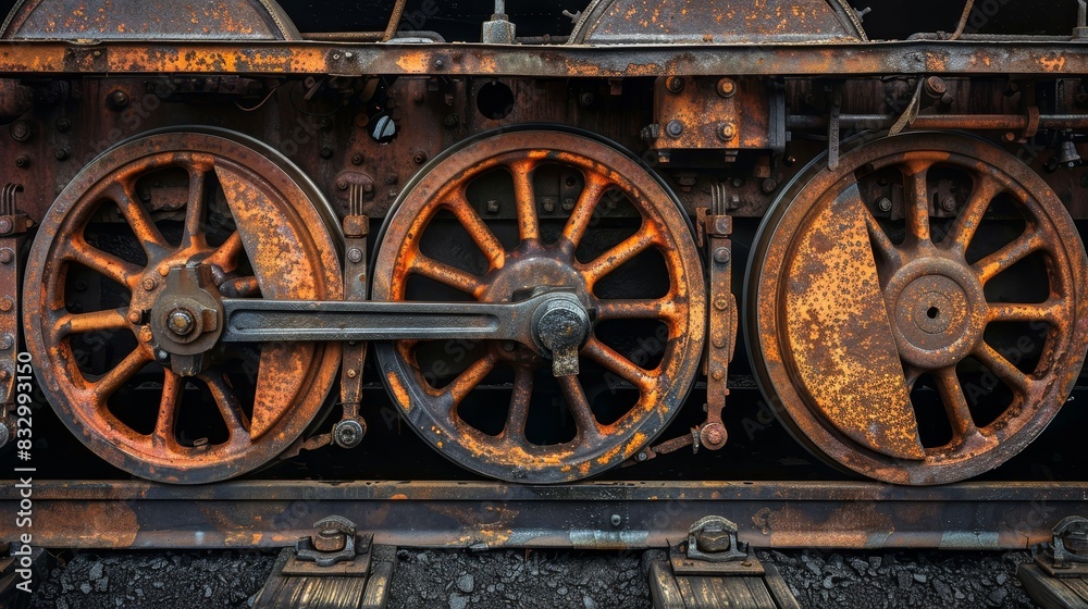 Rusty steam train locomotive wheels close-up, emphasizing the worn ...