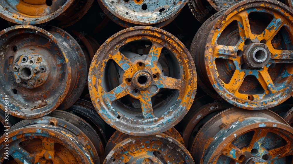 Weathered alloy wheels at a recycling facility, captured in raw detail ...