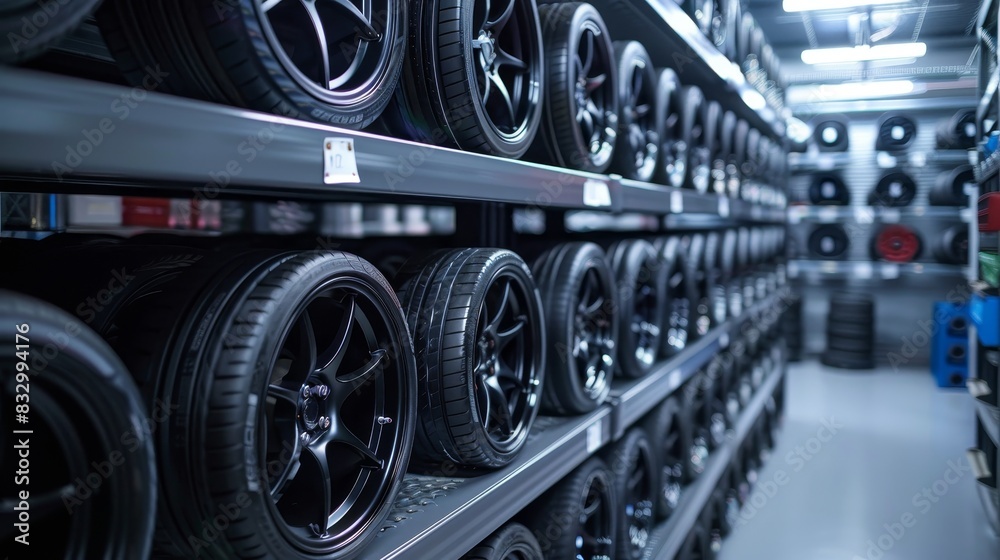 Stylish alloy wheel storage with black alloy wheels neatly arranged on ...