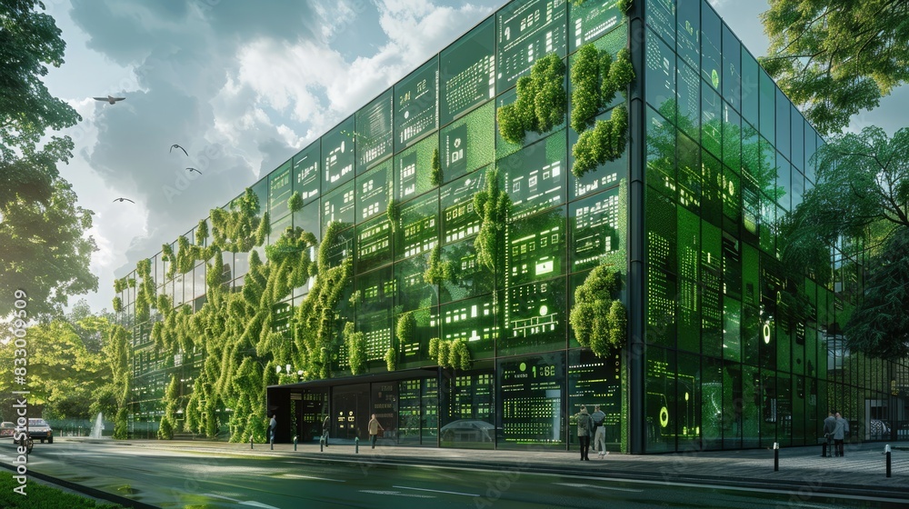 Modern green building with vertical garden and glass facade in urban ...